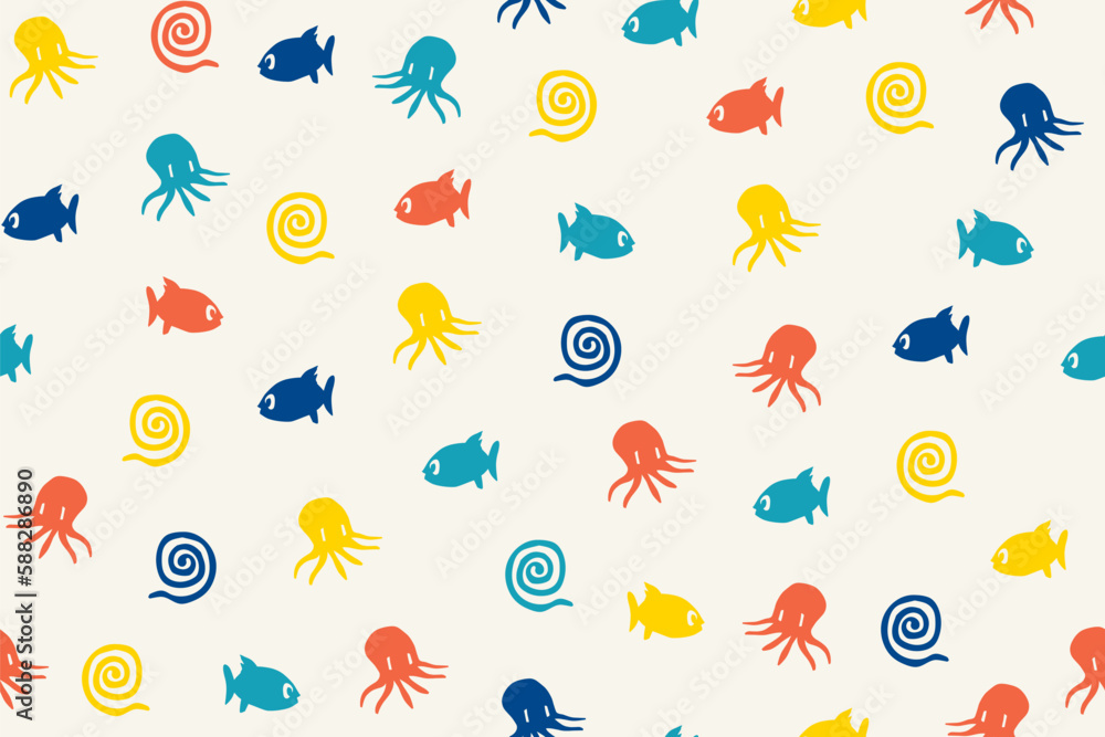 Seamless pattern with marine creatures isolated on light background ...