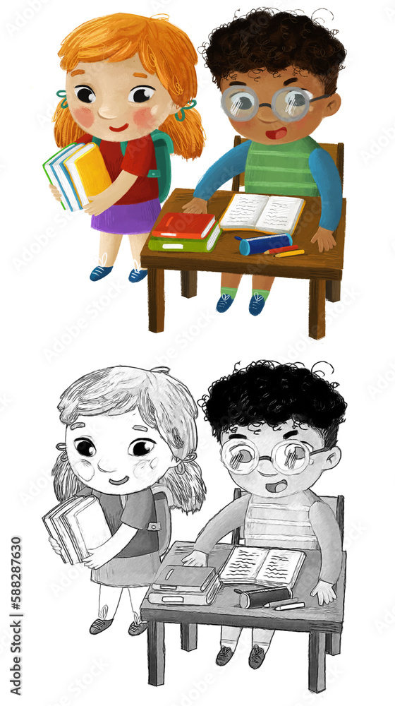 cartoon child kid girl and boy pupil sitting in school desk learning ...