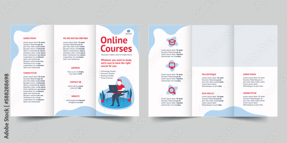 Online Courses trifold brochure template. A clean, modern, and high ...