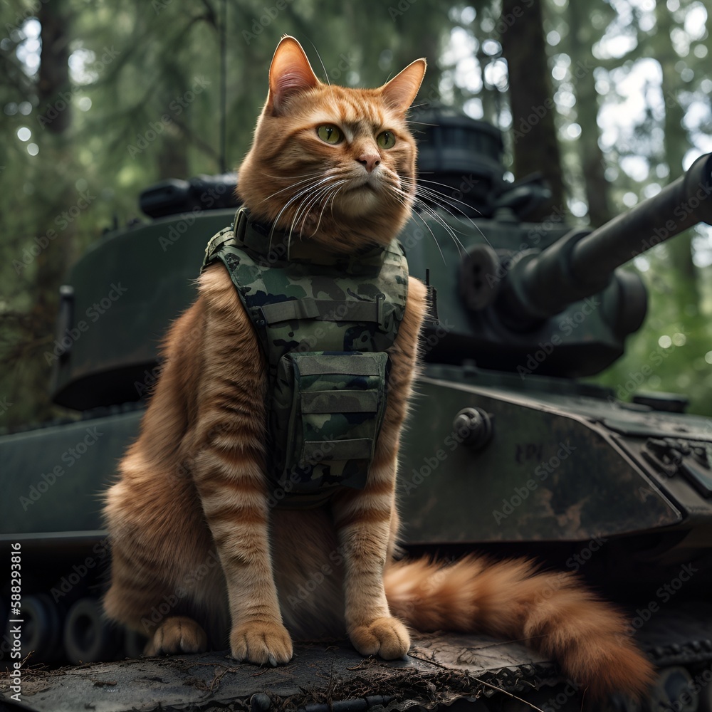 "Cat with army suit" featuring an orange furred cat wearing a forest ...