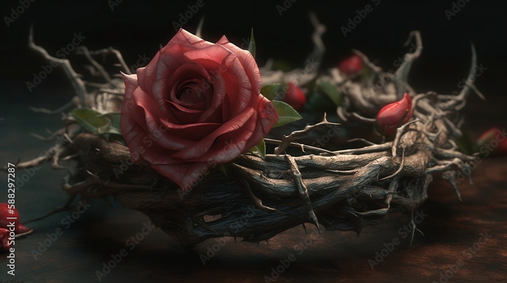 pink rose with crown of thorn on black background Stock Illustration ...