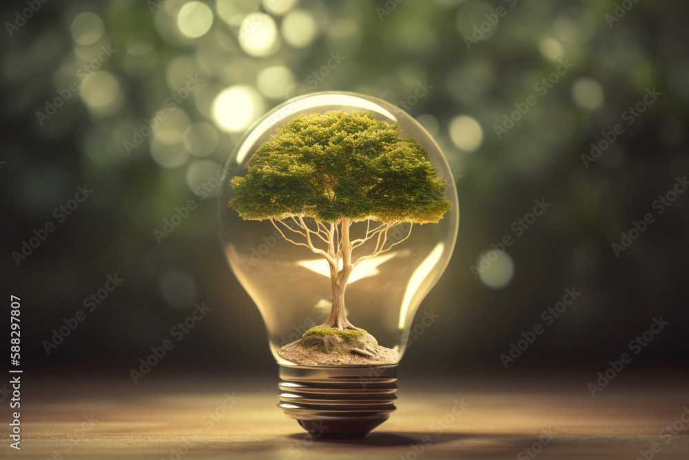 Light bulb with green tree inside. Nature forest and environment preservation concept. Saving ...