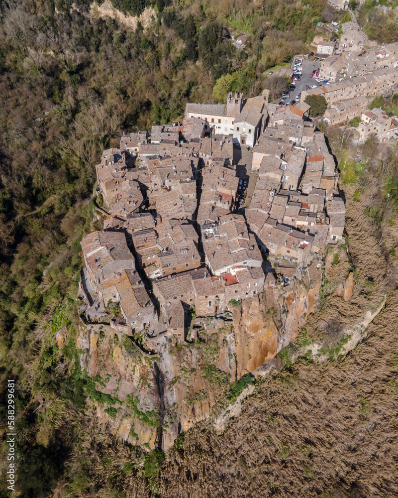 Aerial view of Calcata Vecchia, a medieval old town in Lazio Region ...