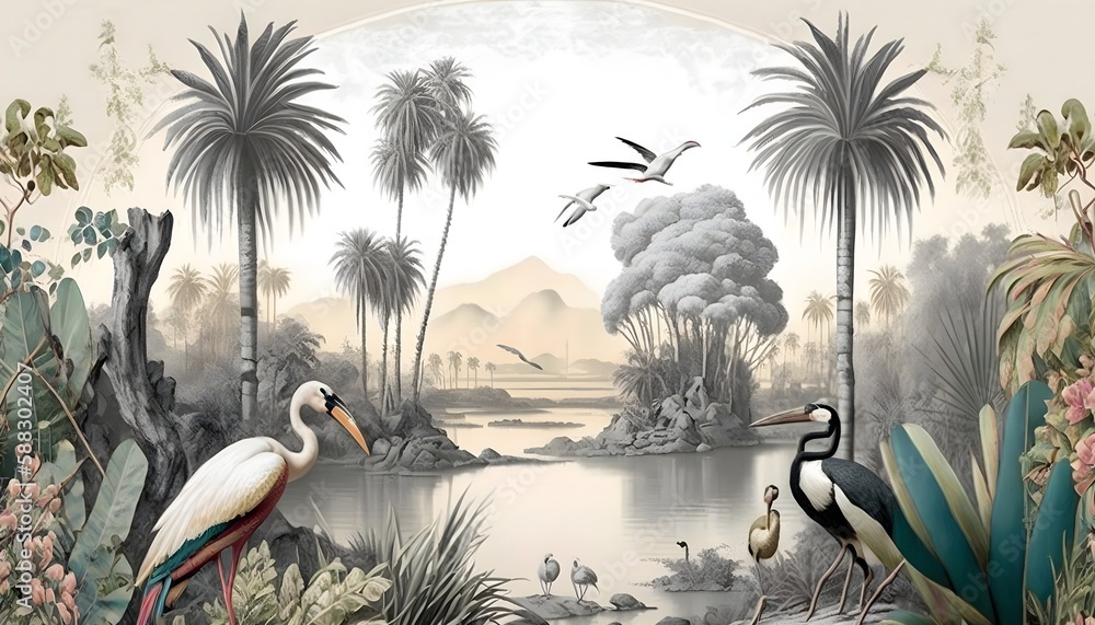 wallpaper vintage oasis style with birds, egrets, palms and flowers ...