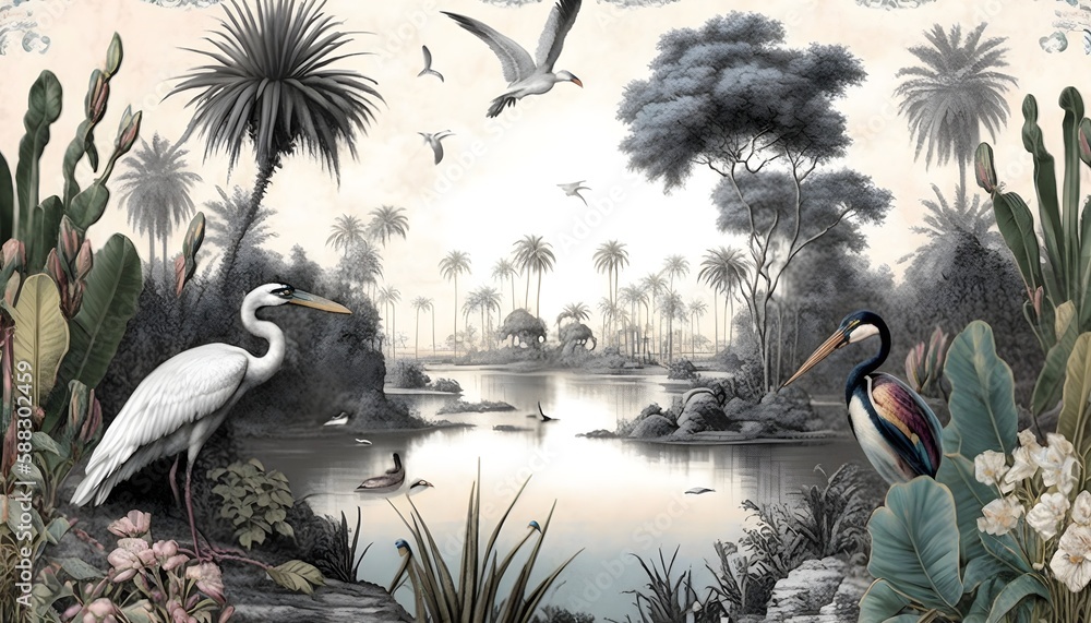 wallpaper vintage oasis style with birds, egrets, palms and flowers ...