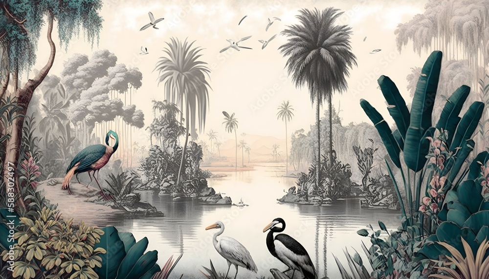 wallpaper vintage oasis style with birds, egrets, palms and flowers ...