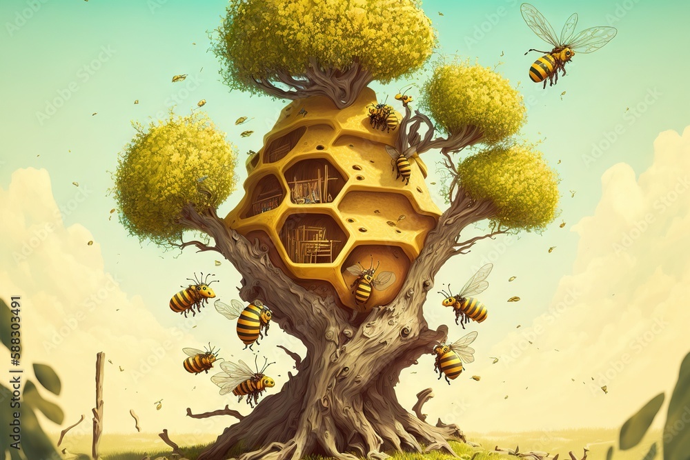 Bees build themselves a new hive on a tree in bright sunny weather ...