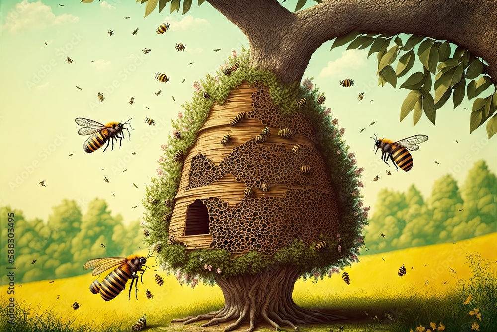 Bees build themselves a new hive on a tree in bright sunny weather ...