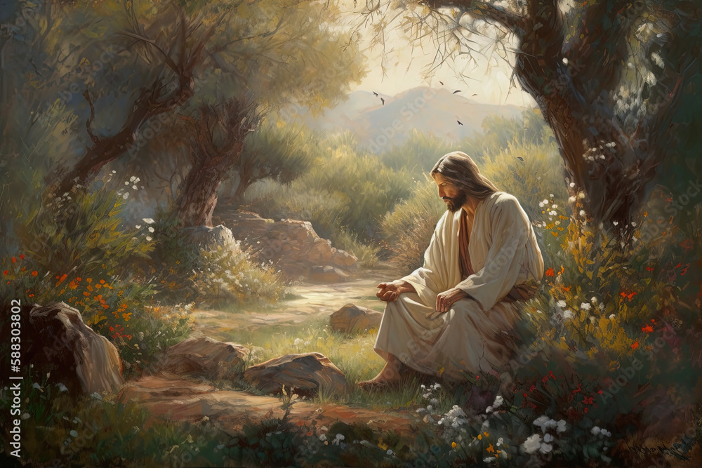 Jesus Christ praying in a garden. created using Generative Ai Stock ...