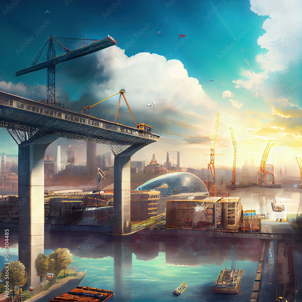 Construction of a huge pontoon bridge across a large river in the city ...