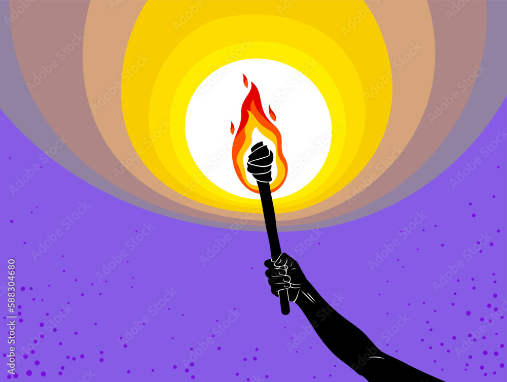 Torch in a hand raised up illuminates the dark vector illustration ...
