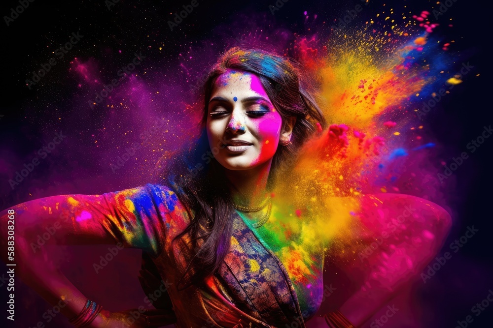 Laughing happy woman celebrating Holi holiday, folk festival of colors ...