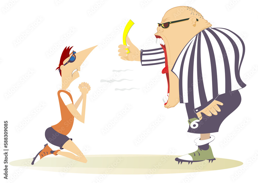 Angry referee holding a yellow card. Kneeling sportsman. Angry referee ...