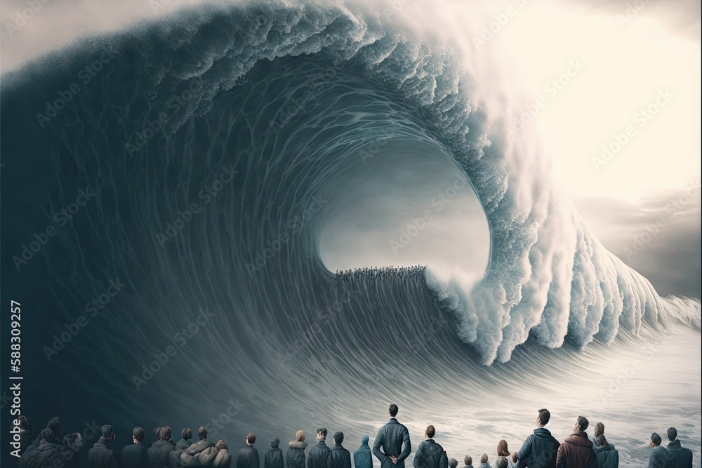 People are watching a super wave of enormous size, a view from the back ...
