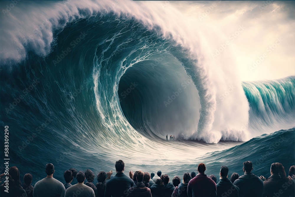 People are watching a super wave of enormous size, a view from the back ...