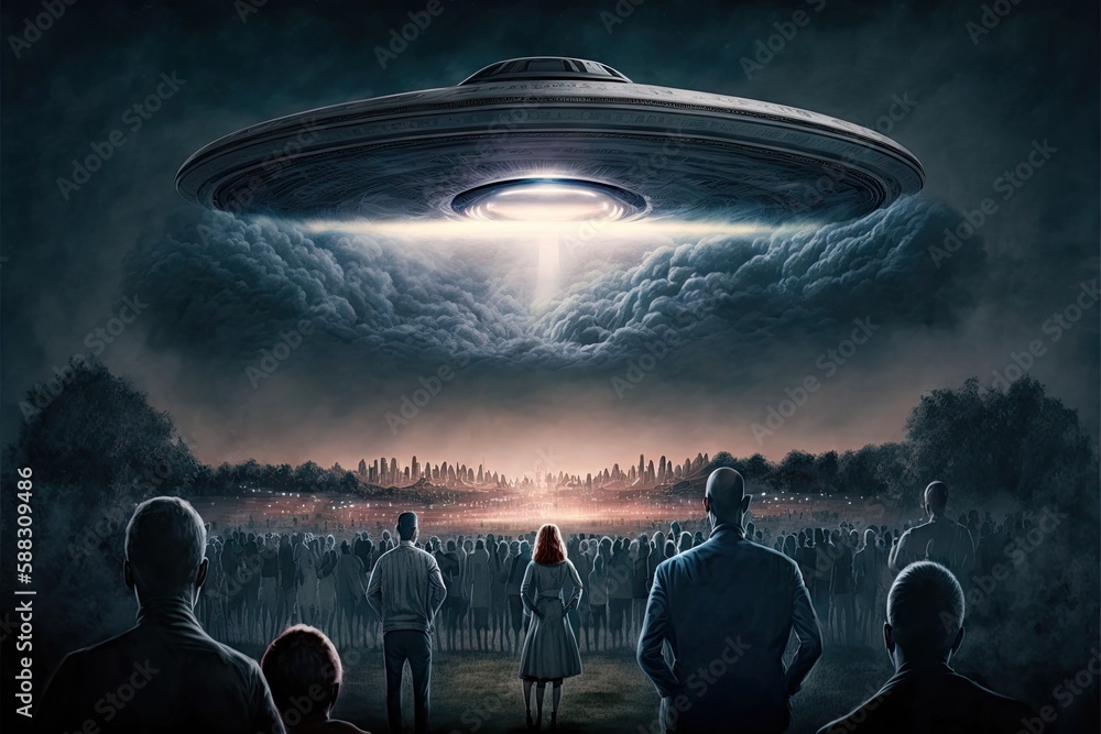 People are watching the UFO landing, a view from the back of people ...