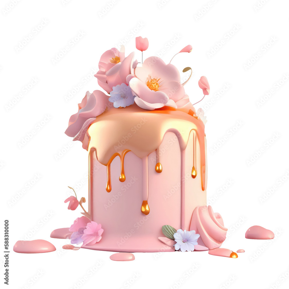 3d cute pink cake with flower. Happy birthday cartoon plastic style on ...