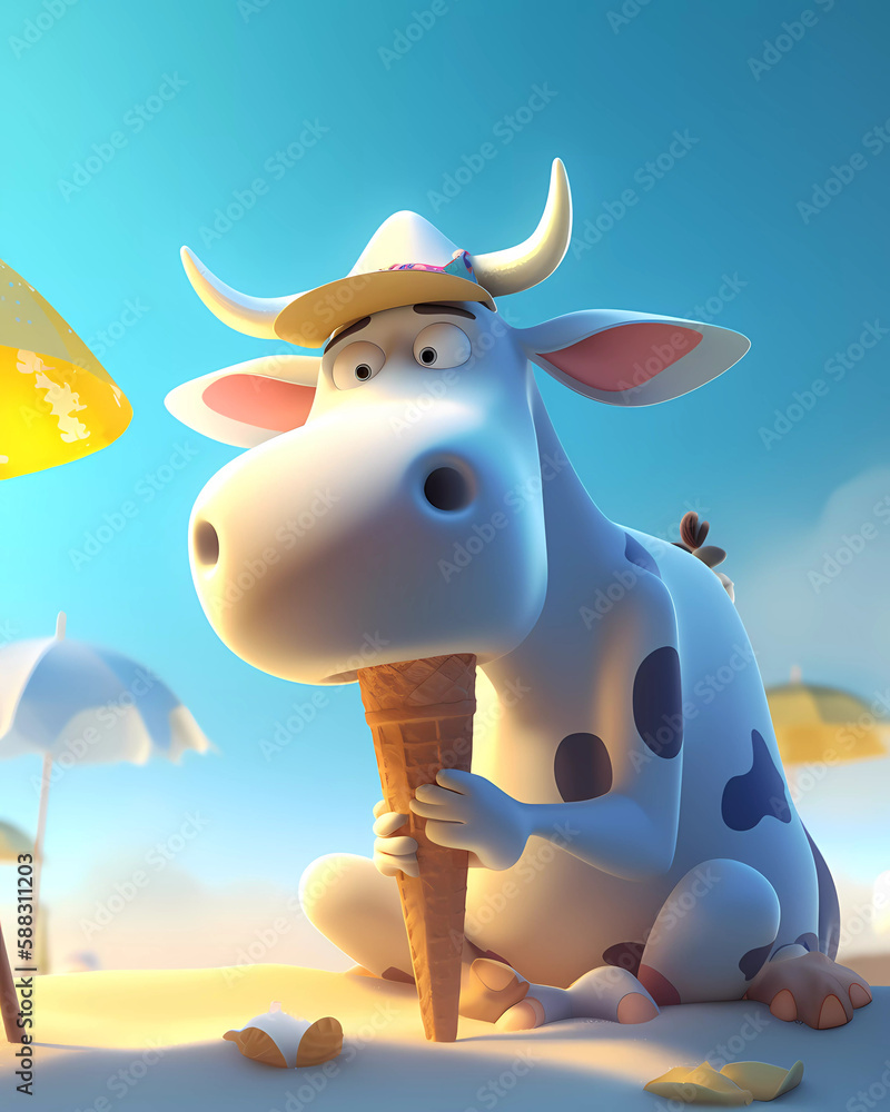 Cute Cow eating Ice Cream in the beach , Soft cartoon , Generative AI ...