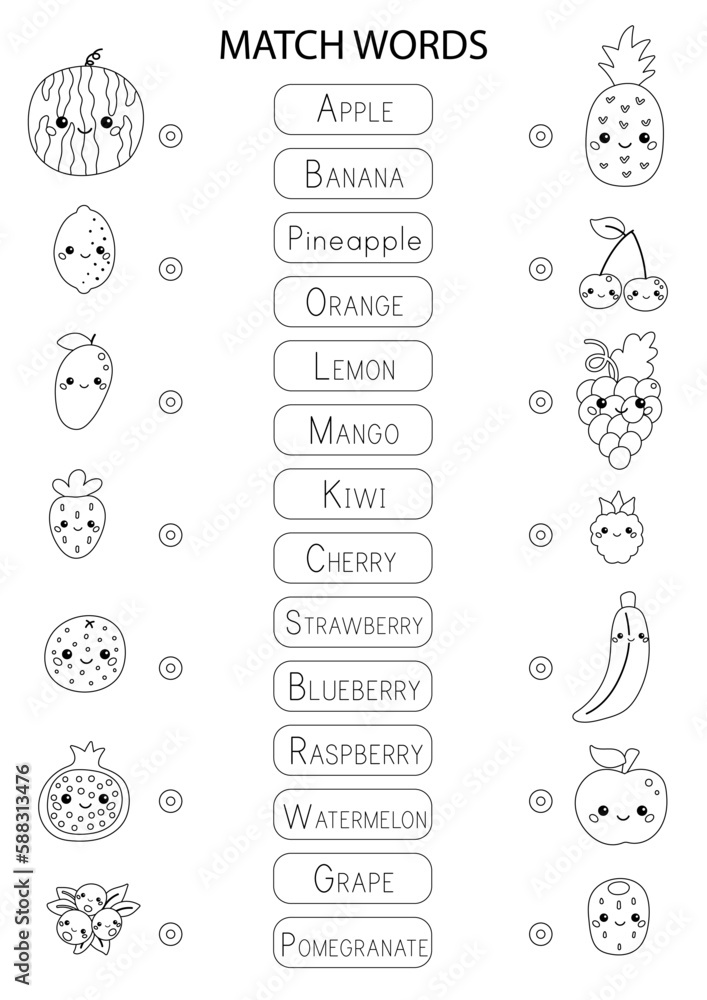 Match words with the correct pictures. Coloring page. Funny fruits and ...