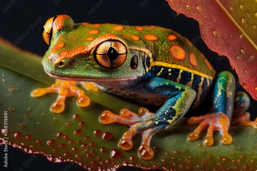 Beautifully colored tropical frog in the jungle on a leaf. Exotic ...