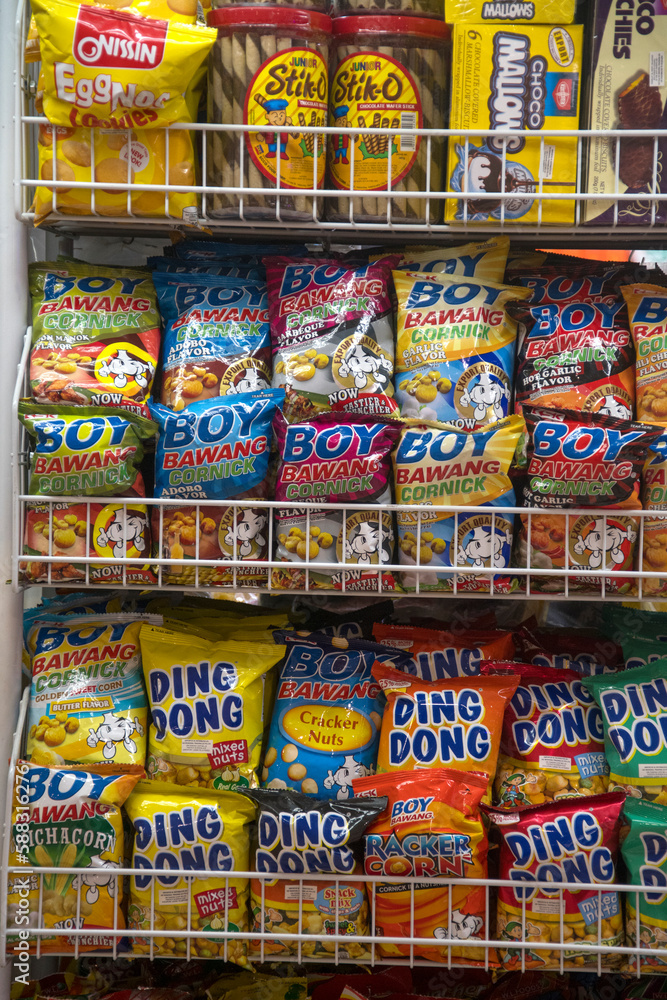 Various of Philippines snacks display on the rack for sell. Stock Photo ...