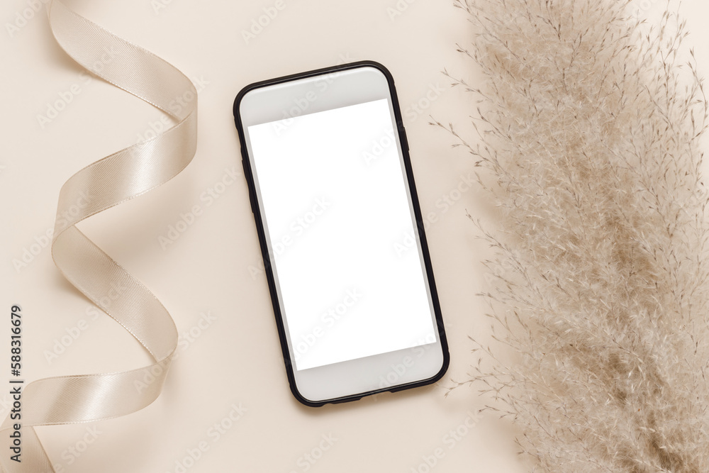 Minimal smartphone screen scene with pampas grass and ribbon. Mobile ...