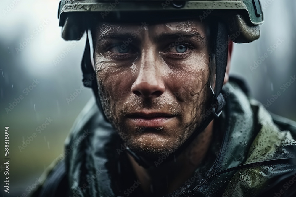 portrait of a crying male soldier on battlefield in war. Generative AI ...
