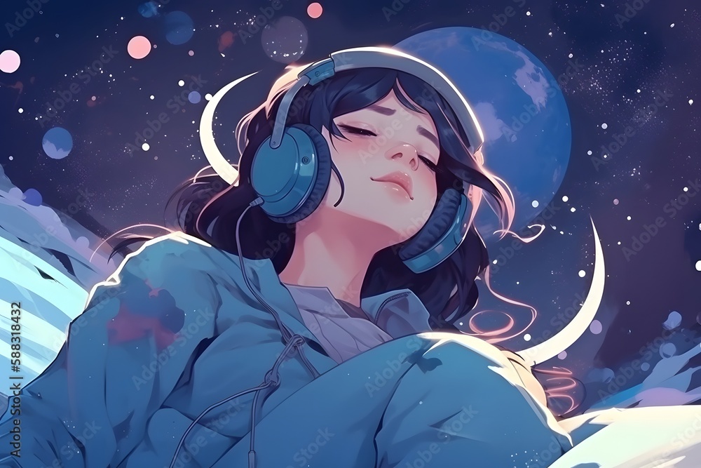 Beautiful cute anime girl floating in space, listening to music in her ...