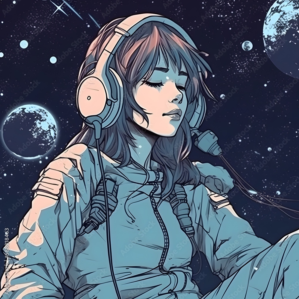 Beautiful cute anime girl floating in space, listening to music in her ...