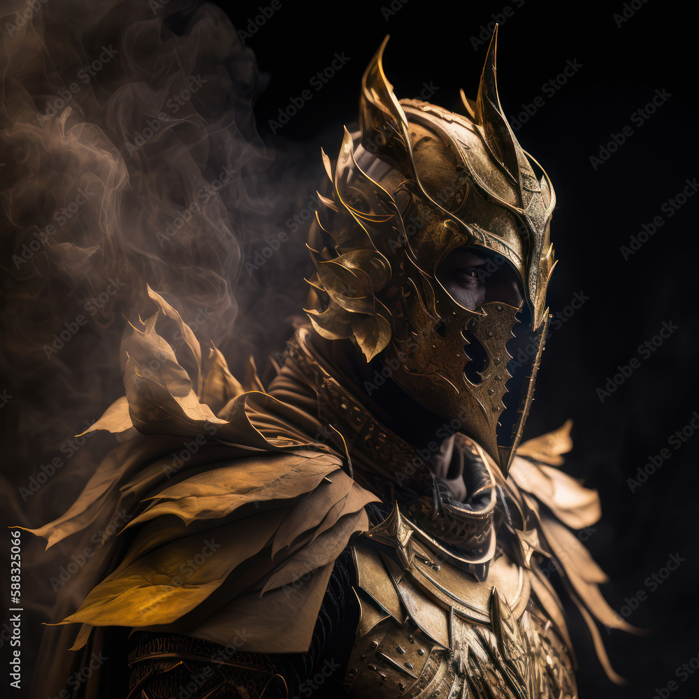 a photograph of a high elf suit of golden armor with smoke behind it ...