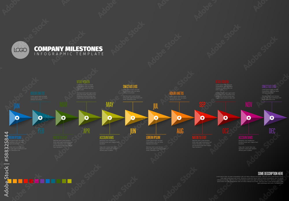 Full year dark timeline template with 12 month labels made from rainbow ...