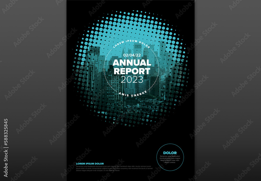 Black annual report front cover page template with photo in halftone ...