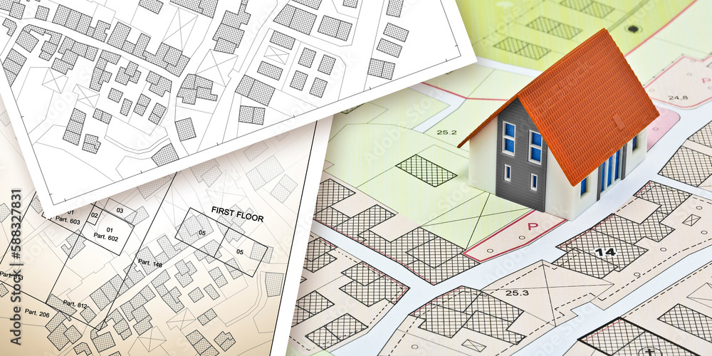 Cadastral map with buildings, free land parcel for house construction ...