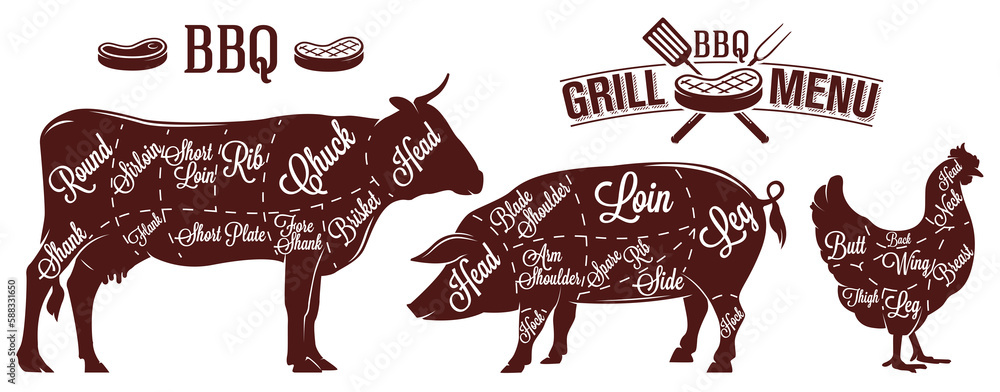 Butcher diagrams of meat cuts, Animals sketch silhouette isolated on ...