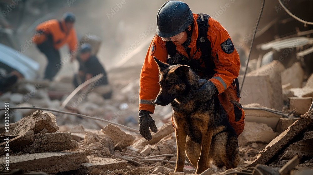 Brave Canine Rescuers: Search and Rescue Dog and Guide Scouring Rubble ...