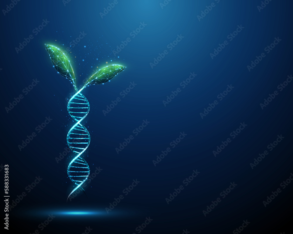 Green plant leafs growing from blue 3d DNA molecule helix Stock Vector ...