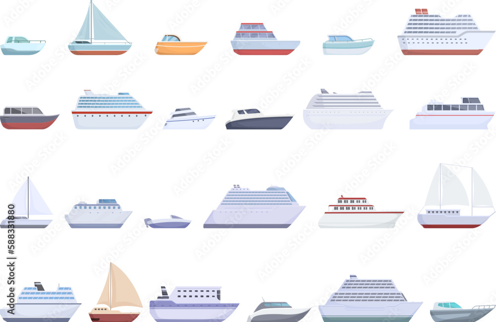 Travel by ship icons set cartoon vector. Sea boat. Ferry cruise Stock ...