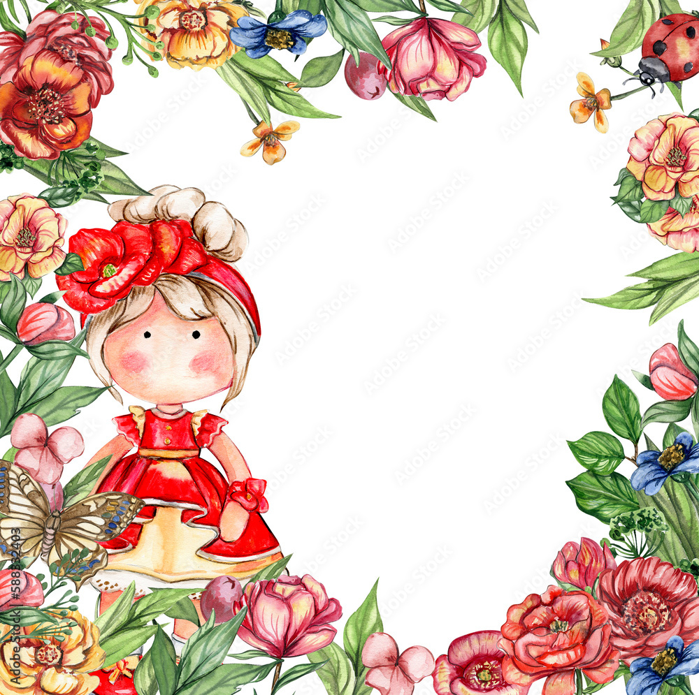 Watercolor square flower frame in cartoon style with a cute girl doll ...