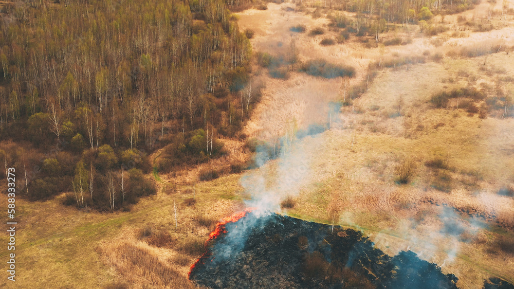 Aerial View Spring Dry Grass Burns During Drought Hot Weather. Bush ...