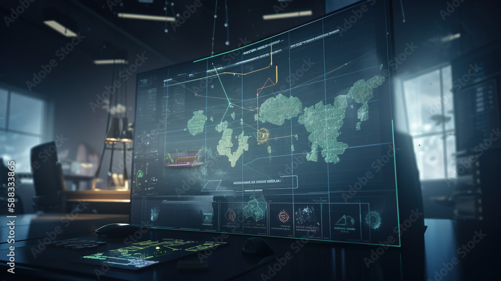 Futuristic office interior with world map on screen. Generative AI ...