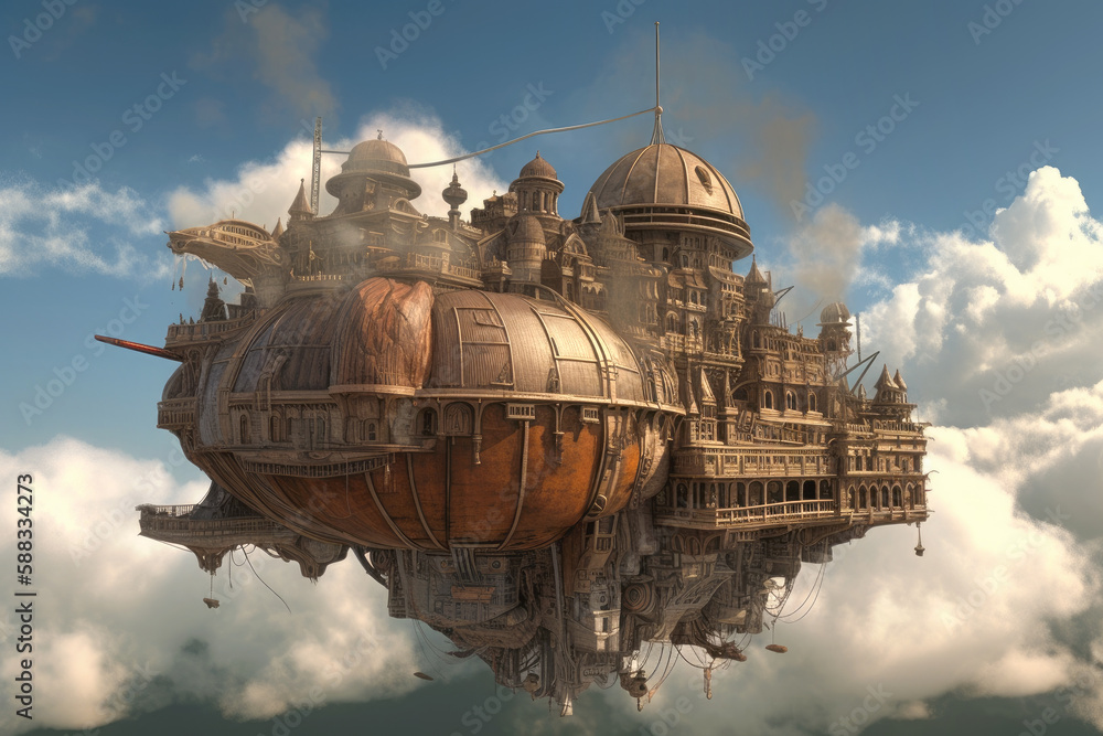 Fantasy airship in steampunk style flies through the sky with clouds ...