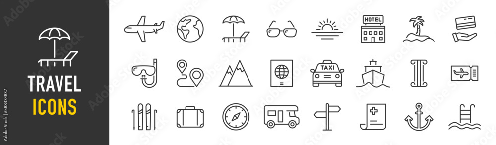 Travel and tourism web icons in line style. Airplane, trip, beach ...