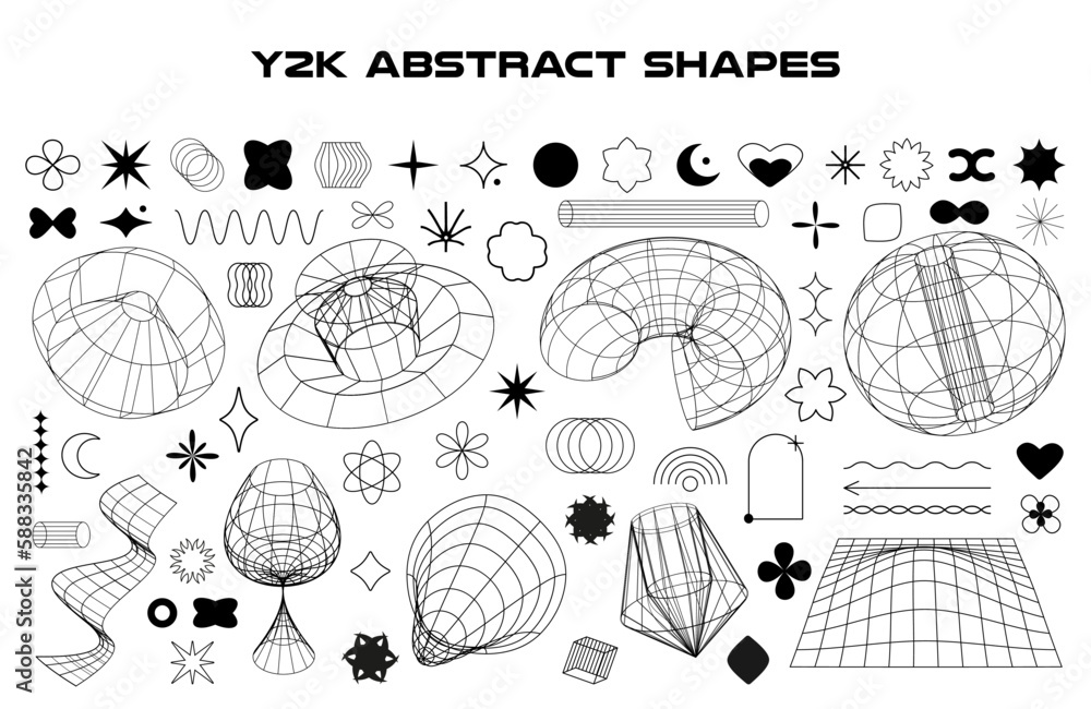 Set of abstract aesthetic y2k geometric elements and wireframe shapes. Black and white retro ...