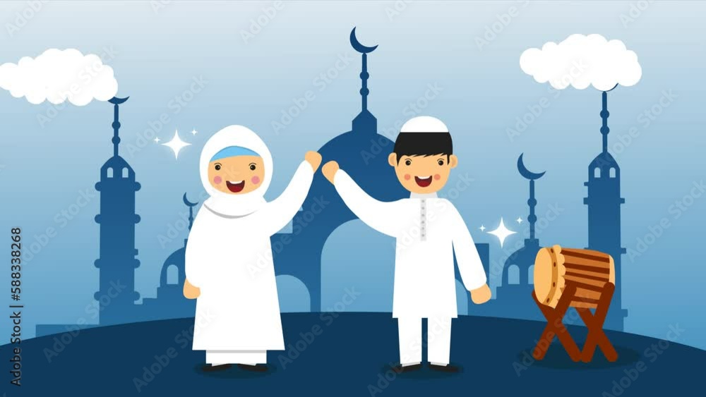 animated pop up Islamic Muslim character celebrating Eid Mubarak, flat ...