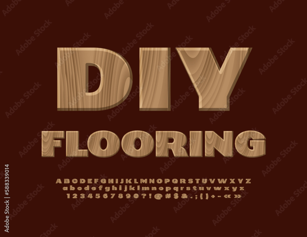 Vector wooden emblem DIY Flooring with oak pattern Font. Timber ...