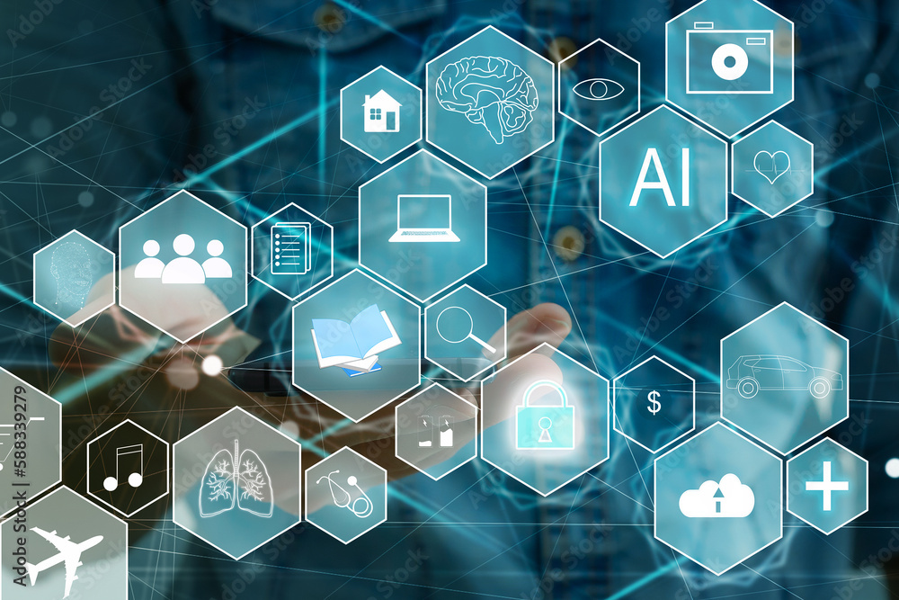 Ai tech, businessman show virtual graphic Global Internet connect ...