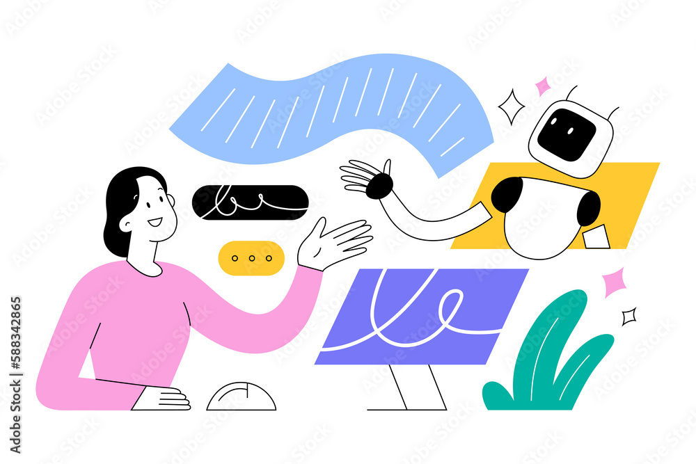 Person using AI chatbot to create a text, young woman gives a prompt to ...