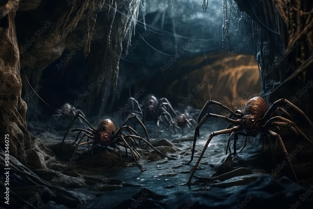 huge scary spiders in web in cave at night in dark. Arachnophobia ...