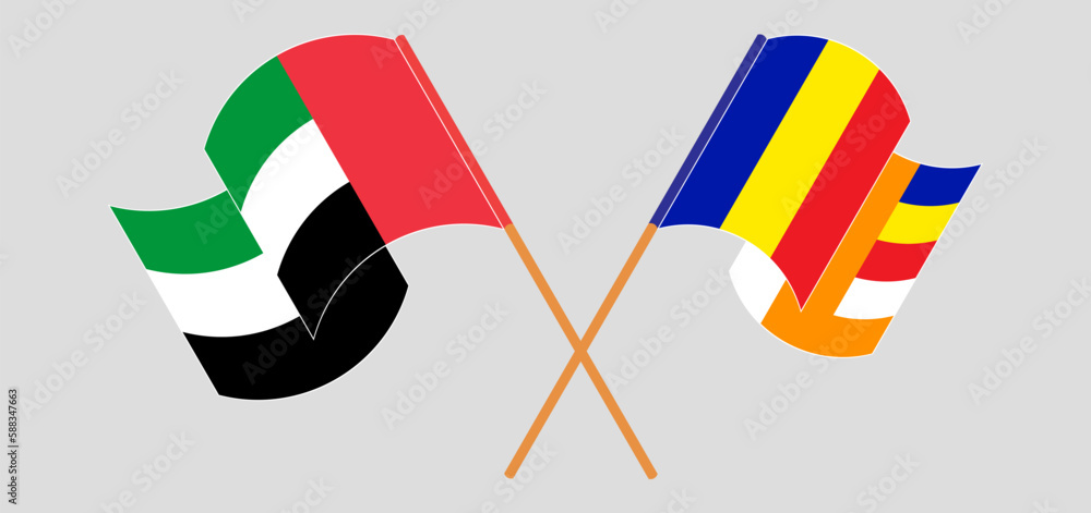 Crossed and waving flags of the United Arab Emirates and Buddhism Stock ...