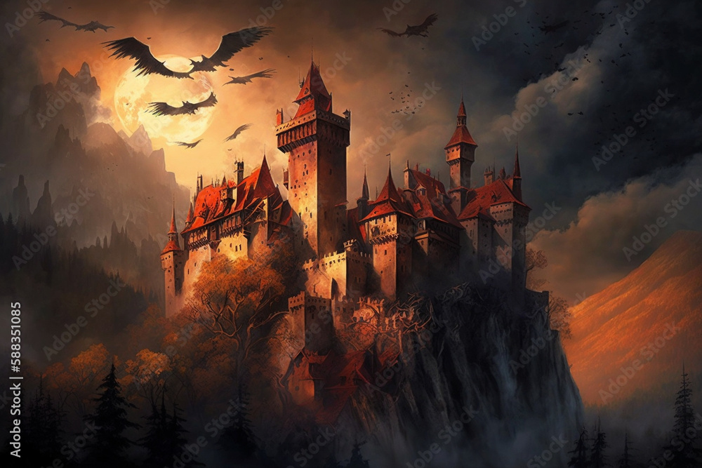 Scary horror and haunted Dracula medieval vampire castle with bats ...